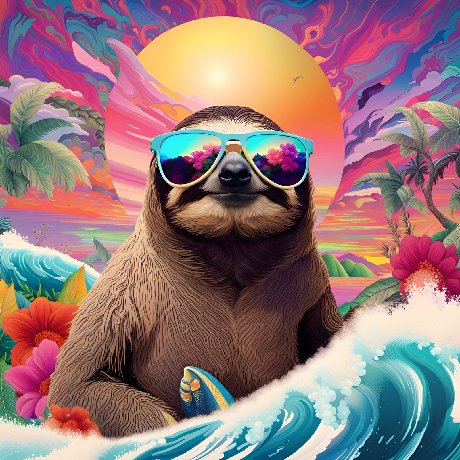 A bold hipster sloth surfs a giant wave - AI Generated Artwork ...