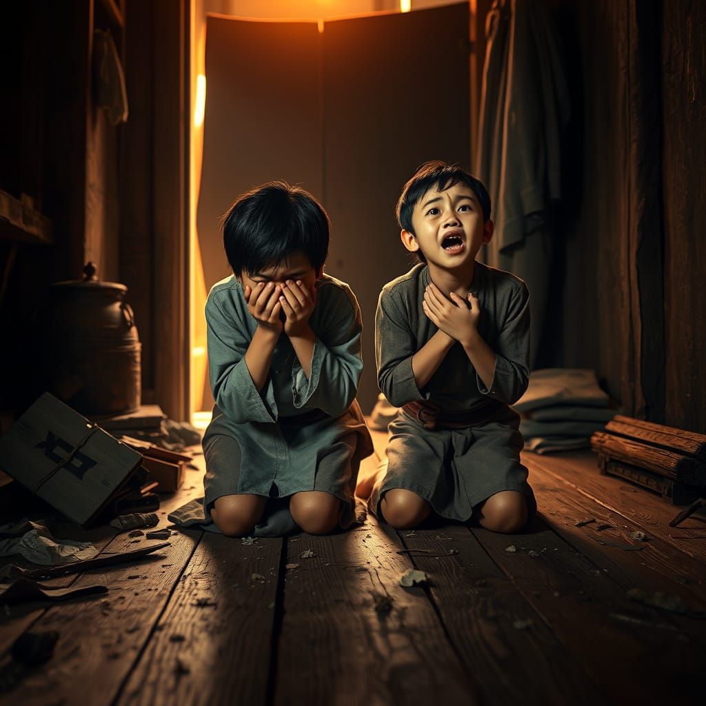 Desperate Mother and Son Kneel in Kampong House - AI Art