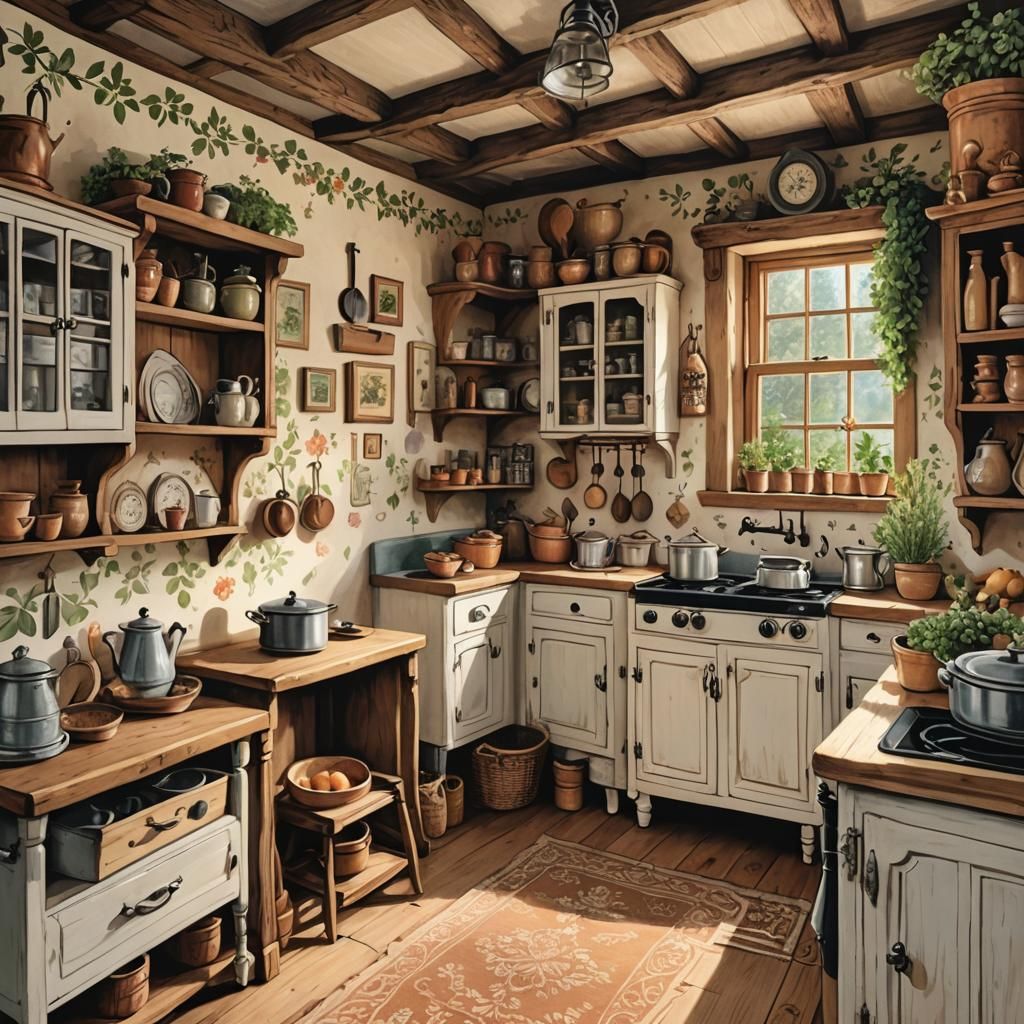 Storybook illustration, Kitchen of a quaint fairytale country cottage ...