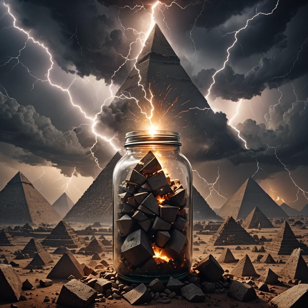 A jar , tall, glaring, Dramatic, destroyed Pyramids, Lightning ...