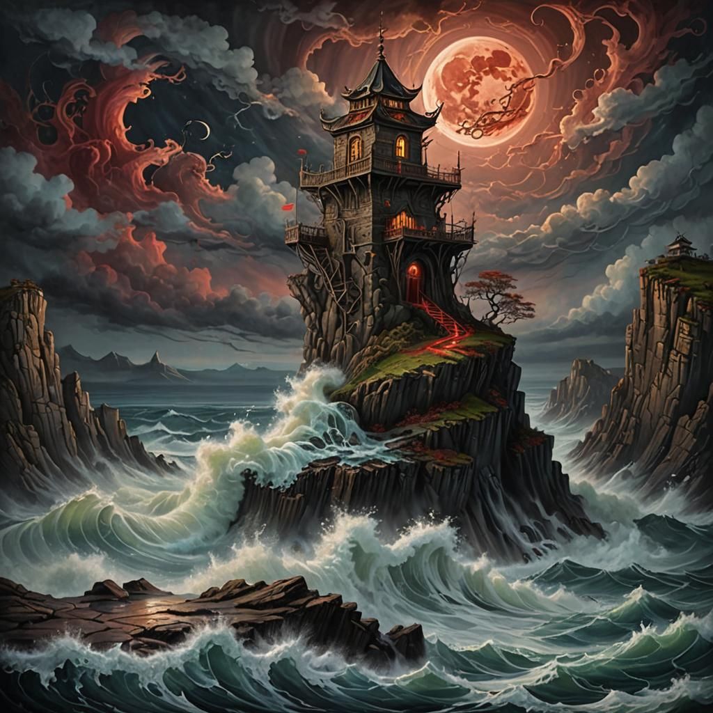 A sinister watchtower sitting on top of a cliff overlooking a body of ...