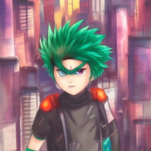 Amidst a bustling cityscape, a determined young hero with spiky hair ...