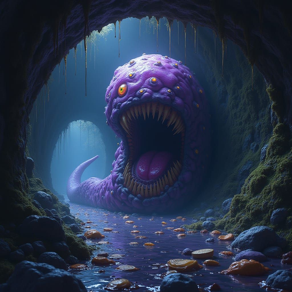 A tunnel with slimy walls and a ceiling dripping with slime. The floor ...