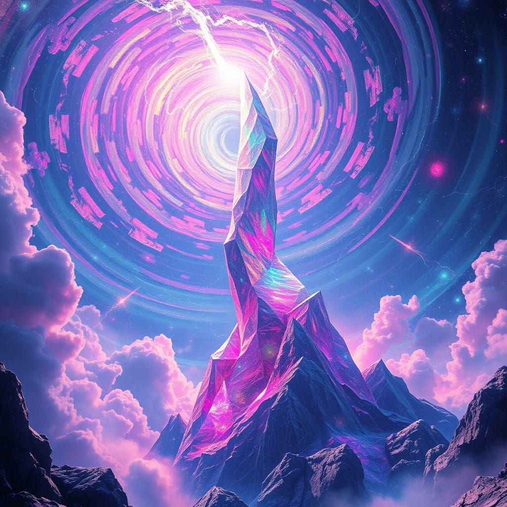Cosmic Crystal Spire Blazing with Iridescent Energ... - AI Art