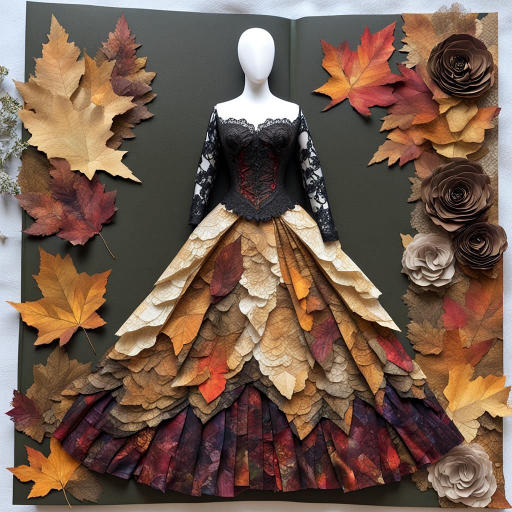 Deep Autumn Paper Collage Ballgown, Long Sleeved Lace Bodice, Alcohol ...