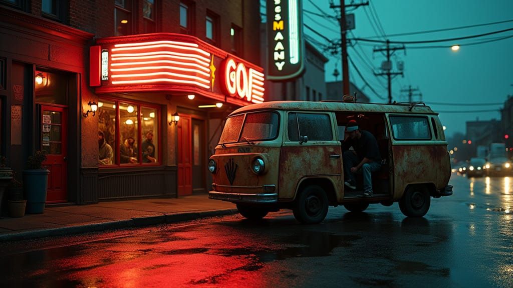 Band Loads Gear into Rusty Panel Van at Neon-Lit D... - AI Art