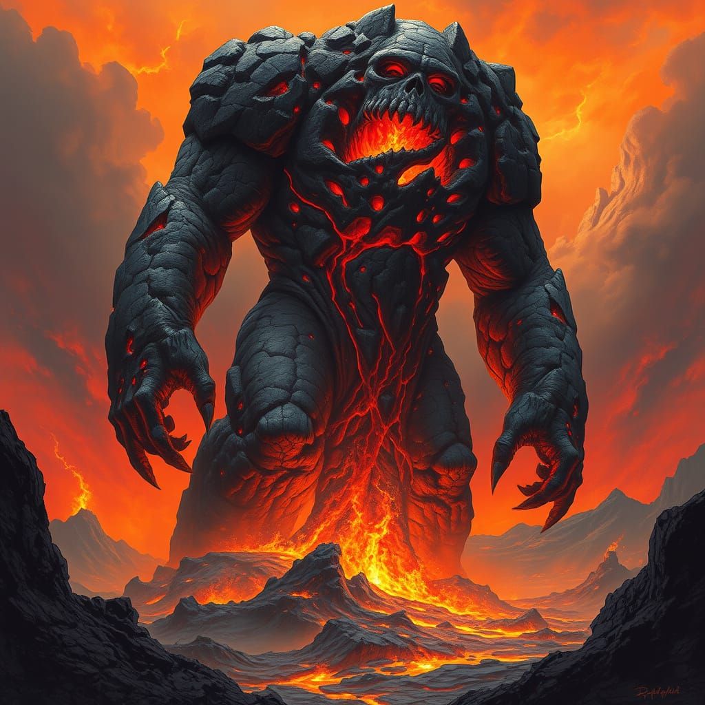 giant lava golem - Molten Rock Titan in a Dark Volcanic Land...