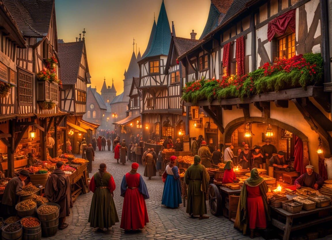 Medieval Europe riding horses, troops, merchants & shop carts, and ...