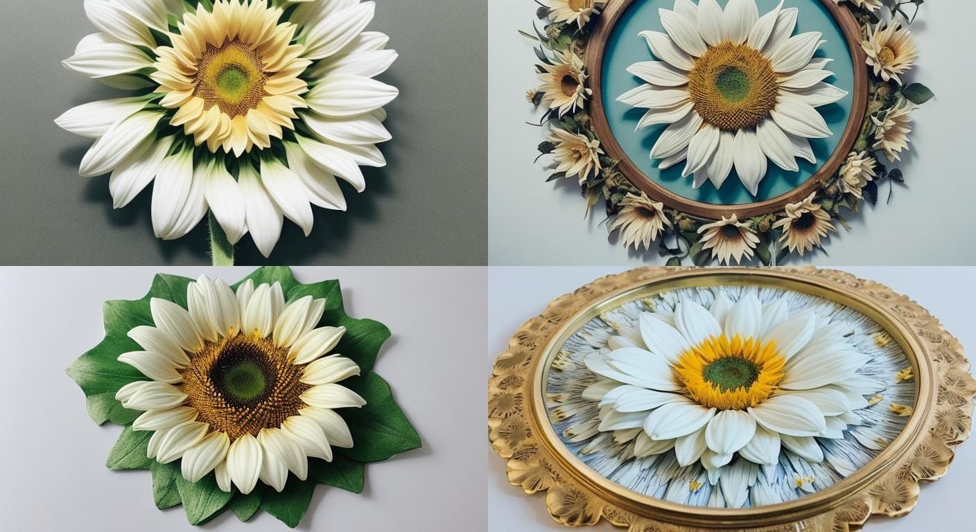 white sunflower with irregular petals outlined in rose, small center ...