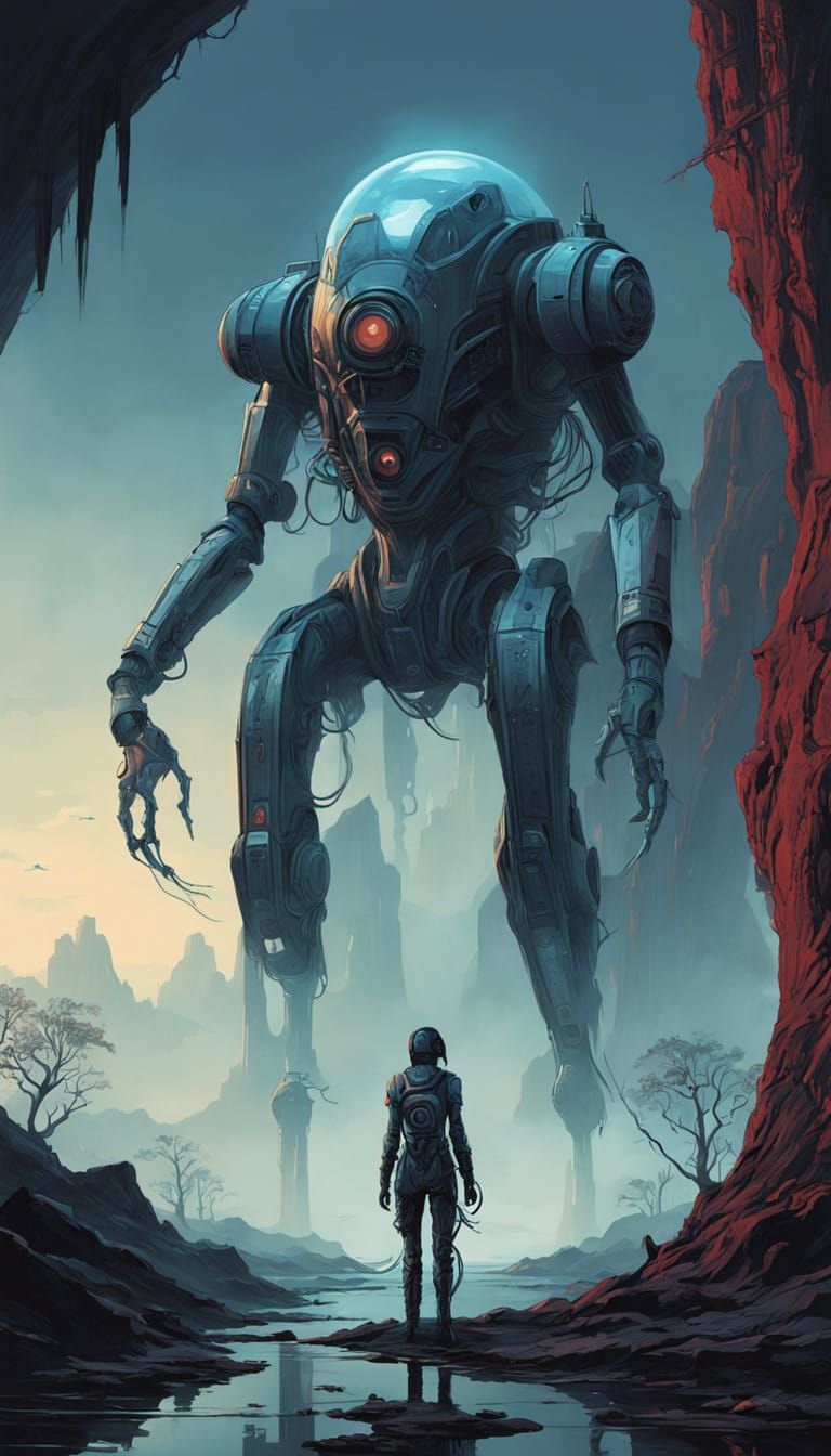 Heroic Metallic Warrior in Futuristic, Alien Lands... - AI Art