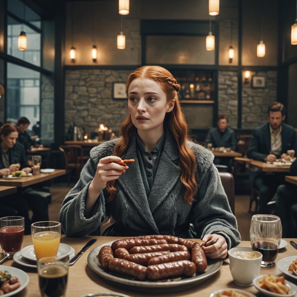 Sansa Stark eating sausages inside a modern restaurant - AI Generated Artwork - NightCafe Creator