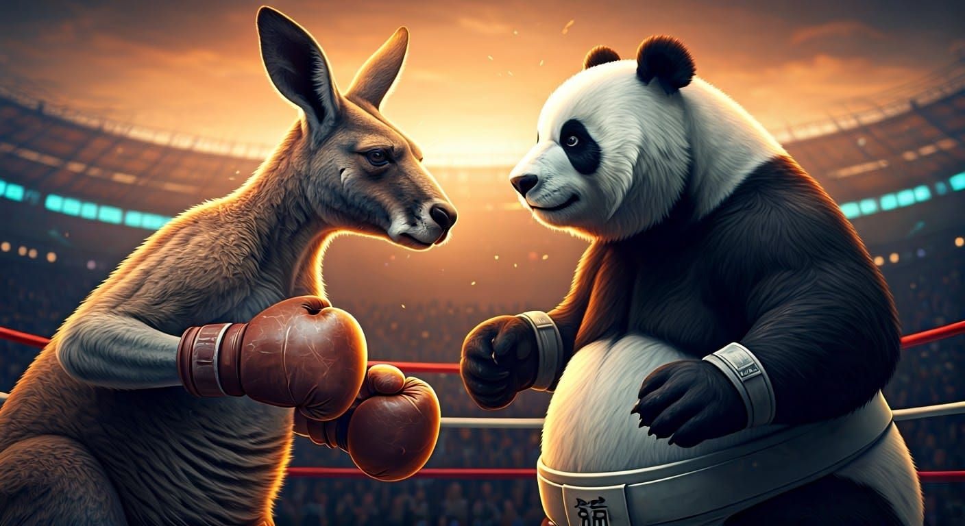A kangaroo boxing against a sumo wrestling panda