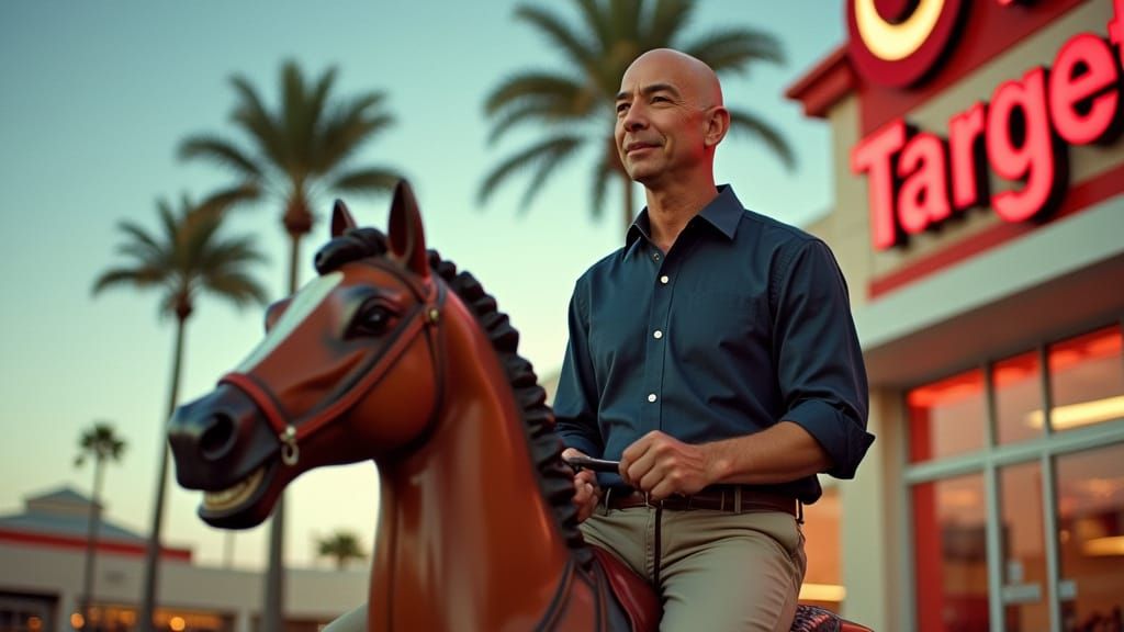 Jeff Bezos Riding a Vintage Mechanical Horse in Fr... - AI Art
