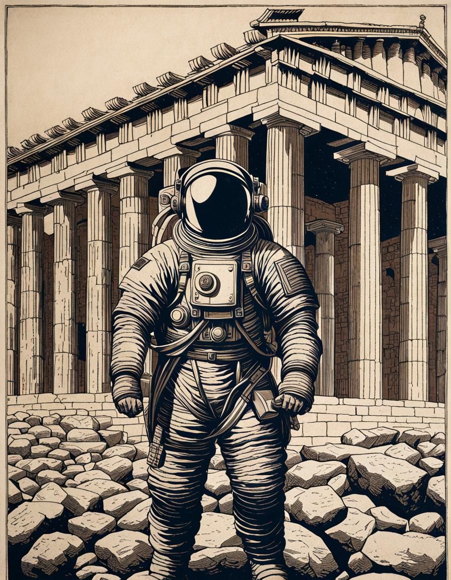 Head and shoulders Portrait of an astronaut standing in an ancient ...