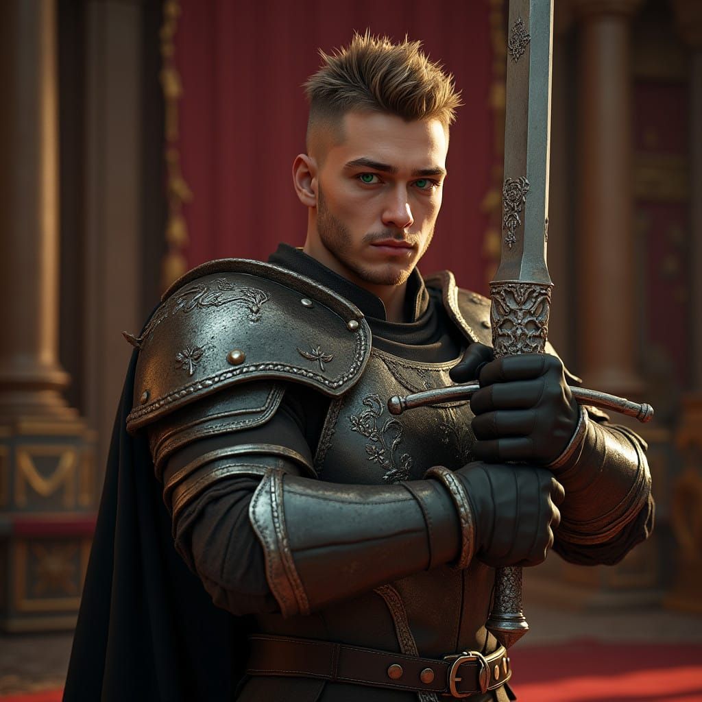 A muscular, northern European male fighter, 18, with a boyish yet ...