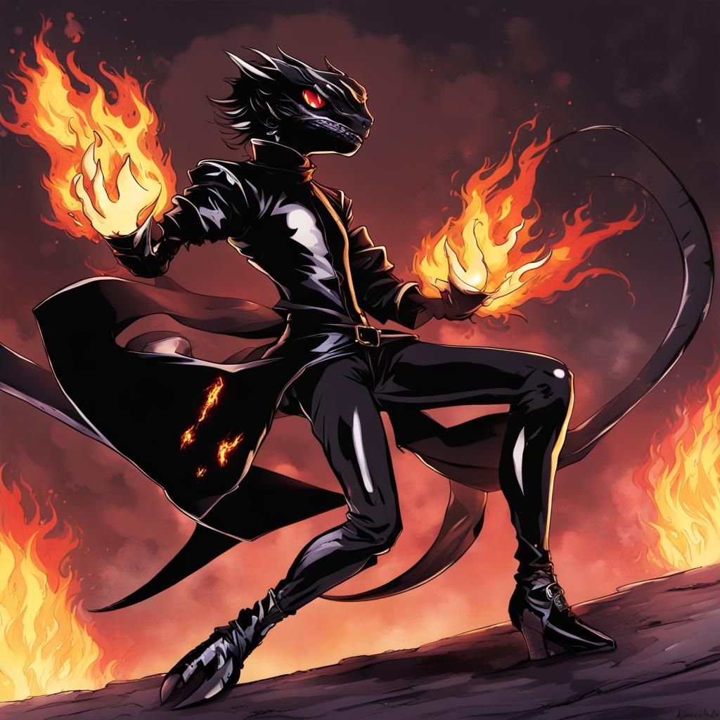 transformation scene, black humanoid lizard gaining leather clothes and ...