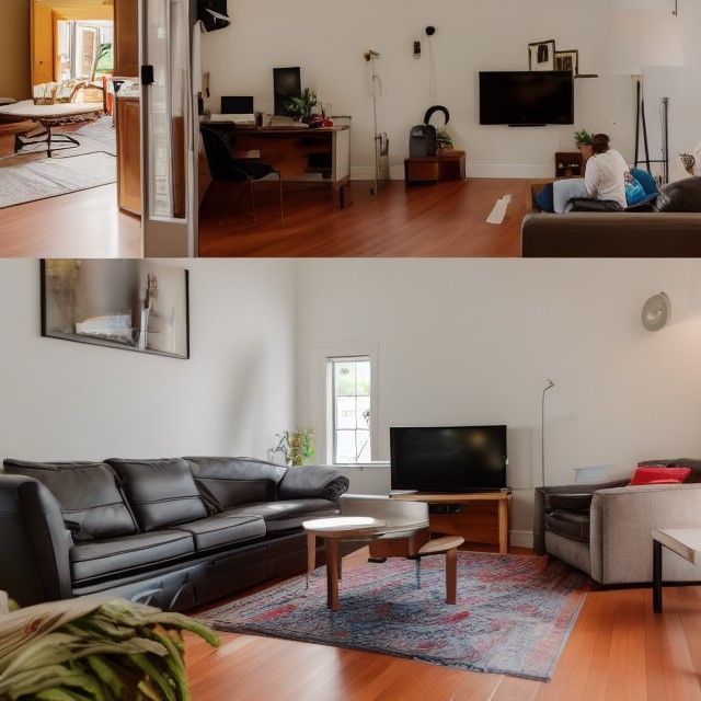 The inside of a house with a sofa, tv, laptop, and a desk. - AI ...