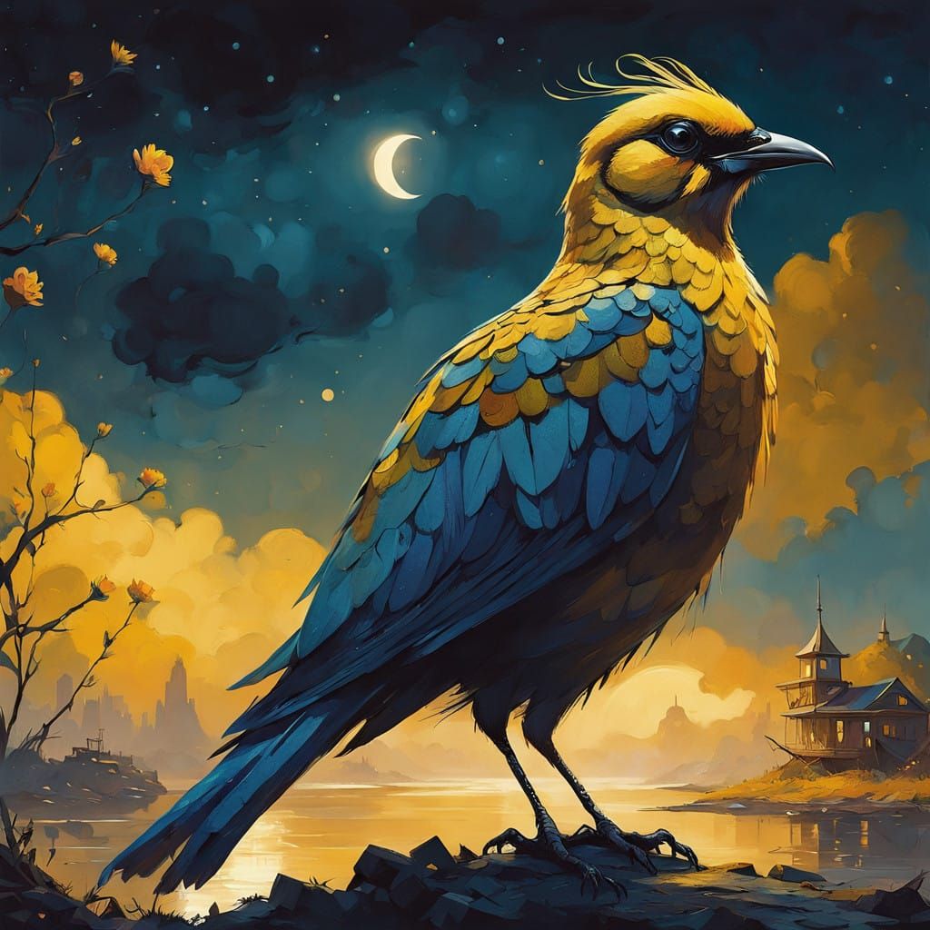Amazing epic yellow bird , fun moon background...