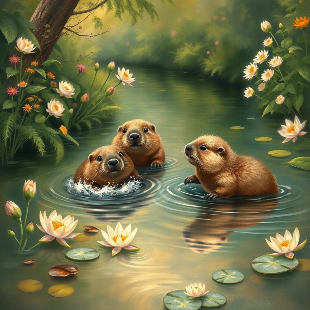 The beaver's bath - Beavers in Whimsical Watercolor Wonderla...