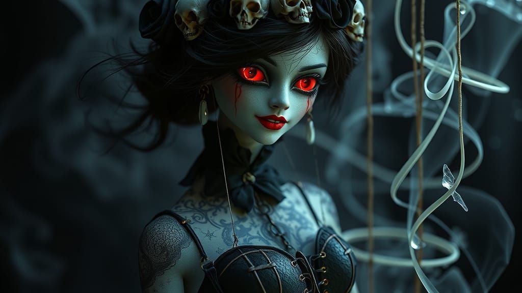 Gothic Puppet-Woman in Dark Fantasy Landscape - AI Art