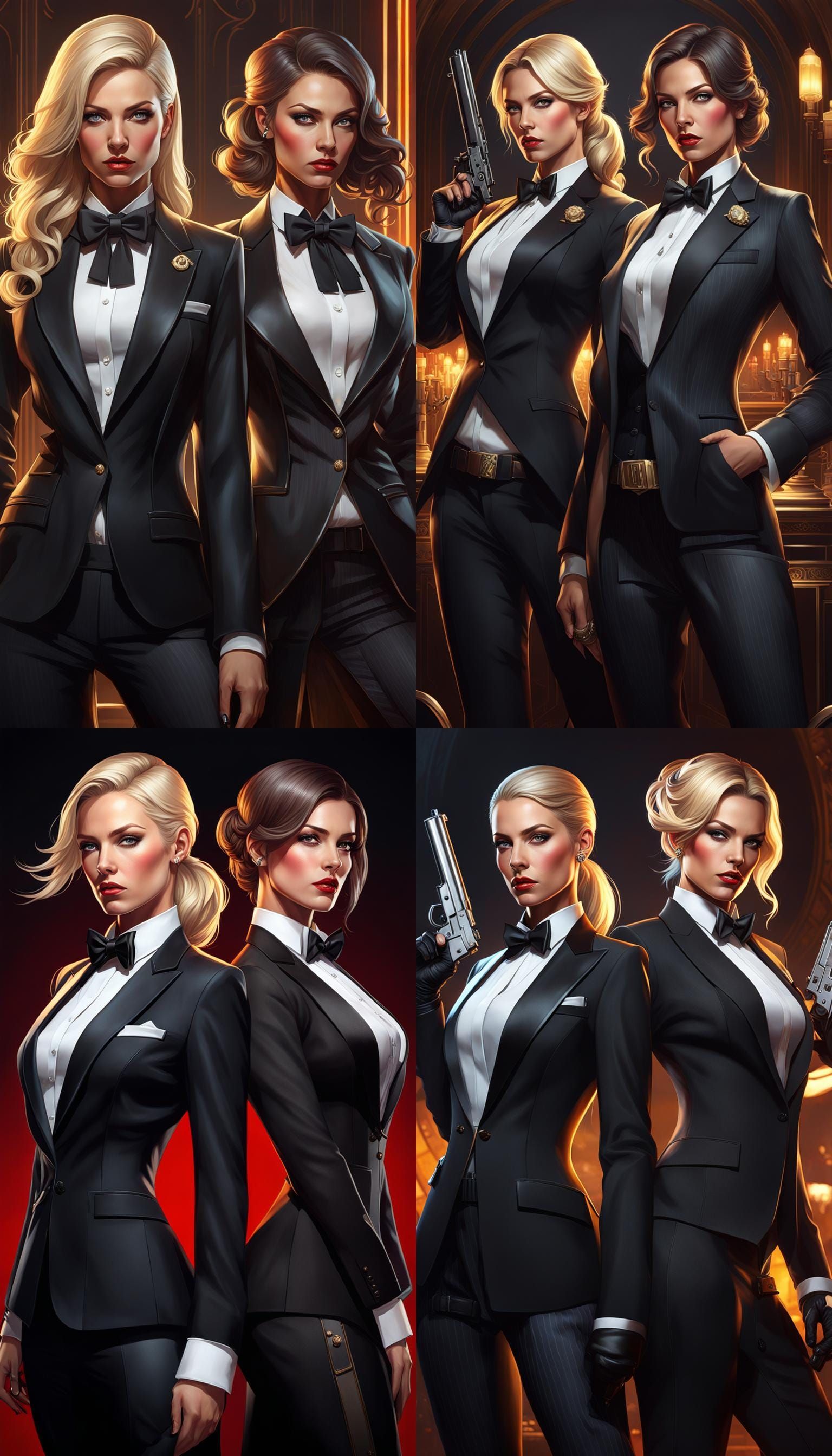 Blonde and brunette female secret agents holding silenced pistols ...