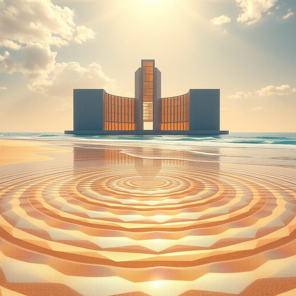 ((Focus on Geometric & Optical Illusions):** > A beach scene on a ...