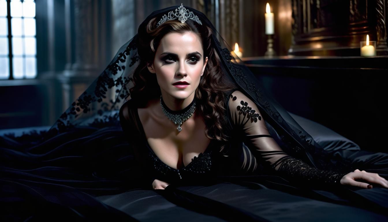 emma watson as Bellatrix Lestrange, extremely transparent sheer black bodystocking, show full ...