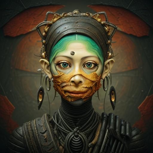 a close-up material mummy patched clay and wire sculpture with weird ...