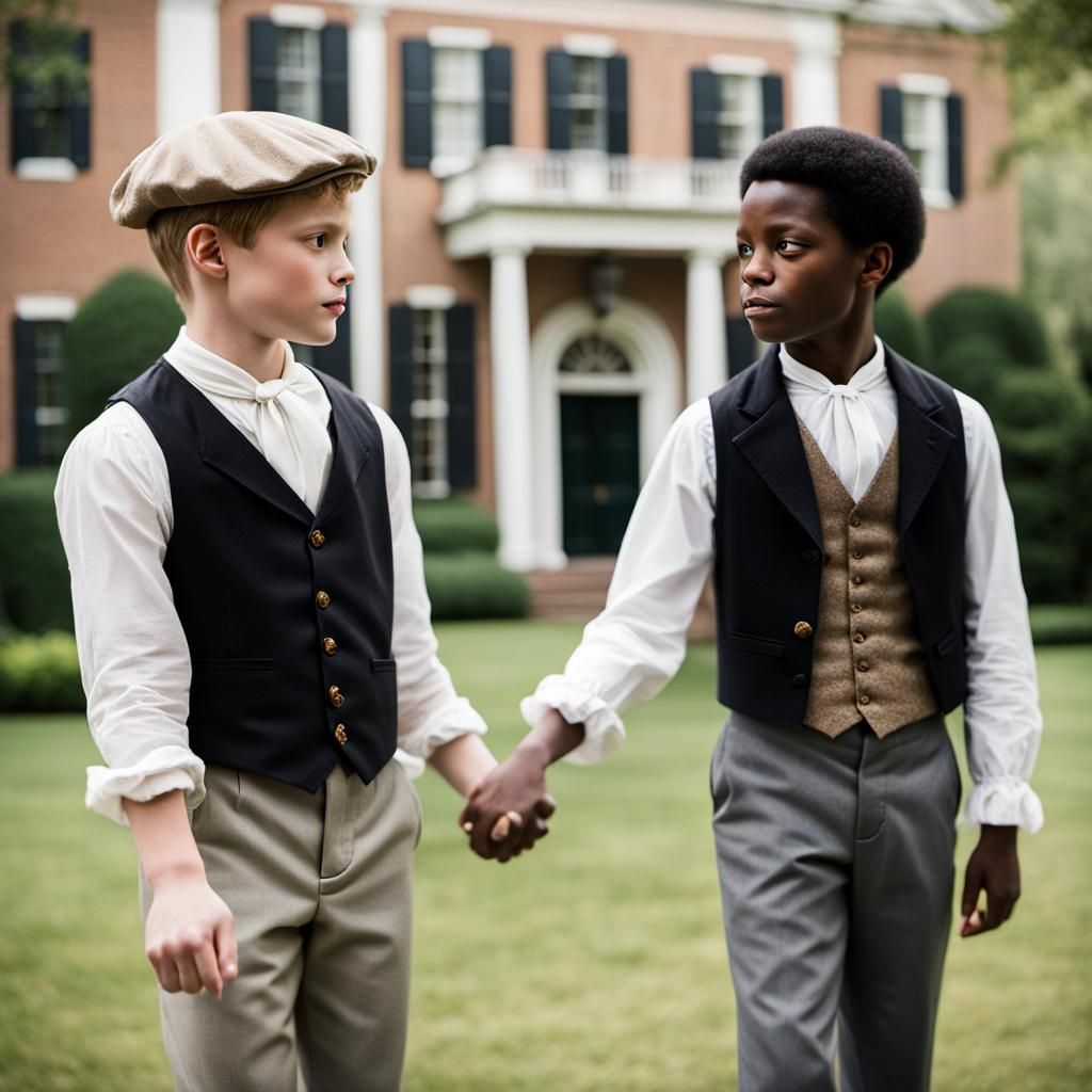 Colonial white boy and ragged black boy holding hands at a slaveholder ...