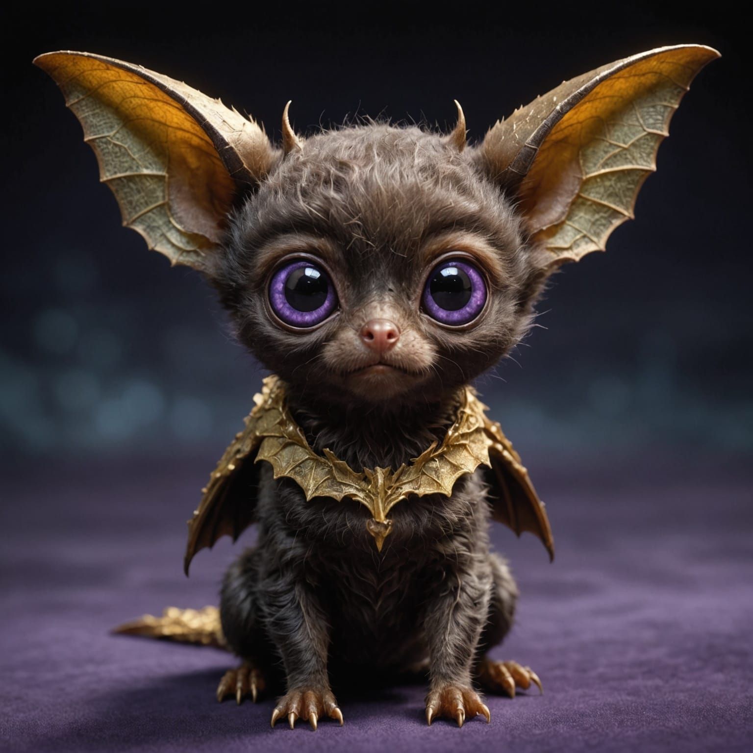 Mysterious Bat Child in Dark, Velvety Fur with Gol... - AI Art