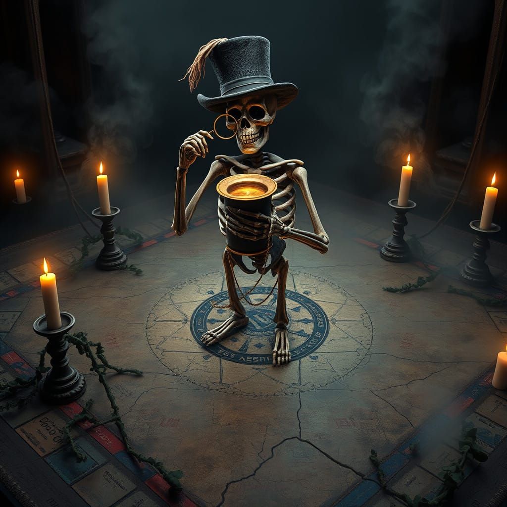 A skeleton, standing on a giant monopoly game board