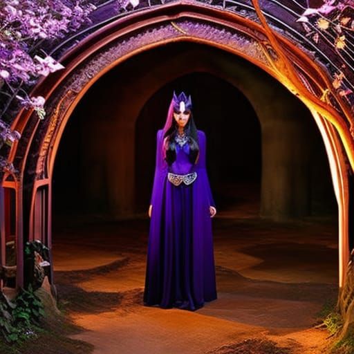 Beautiful Violet Witch. eantering magic lair to to cast spells - AI ...