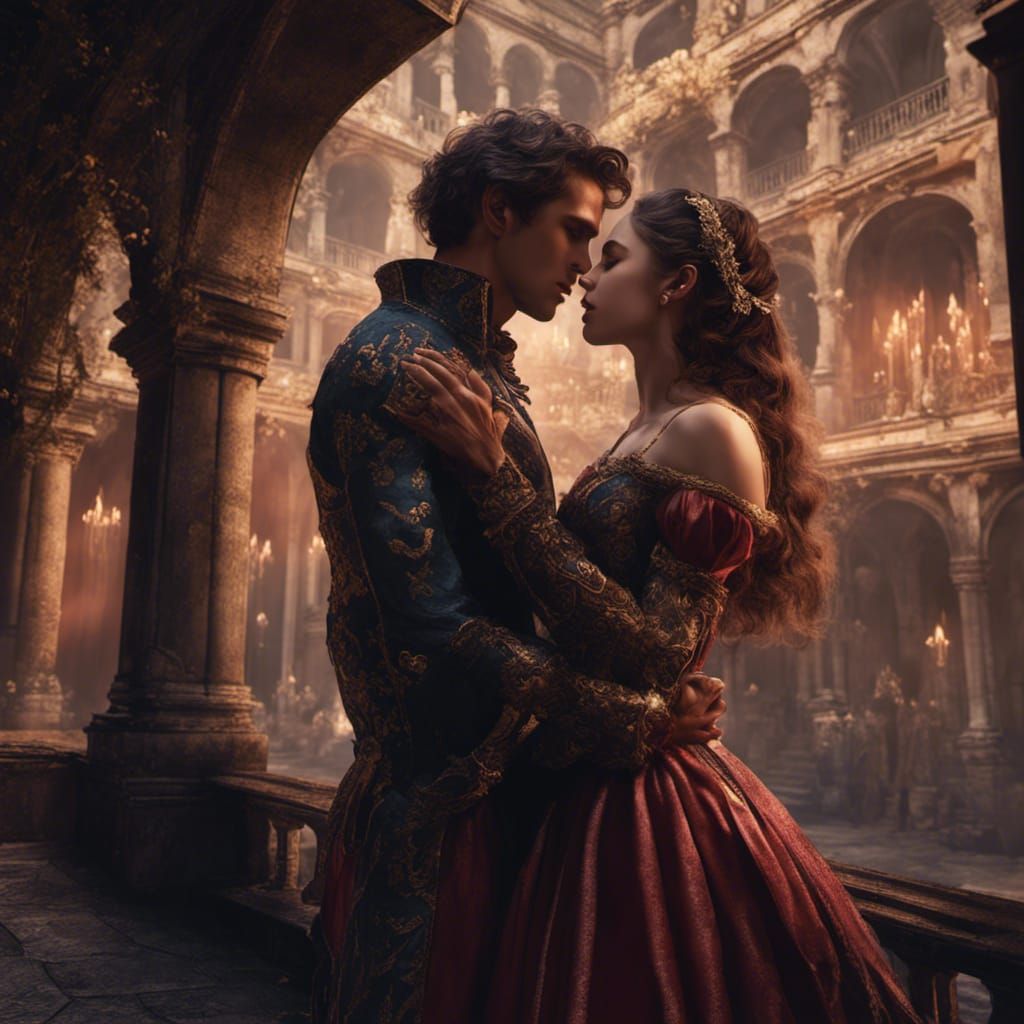 Romeo and Juliet at Masquerade Ball: Fantasy Art - AI Art
