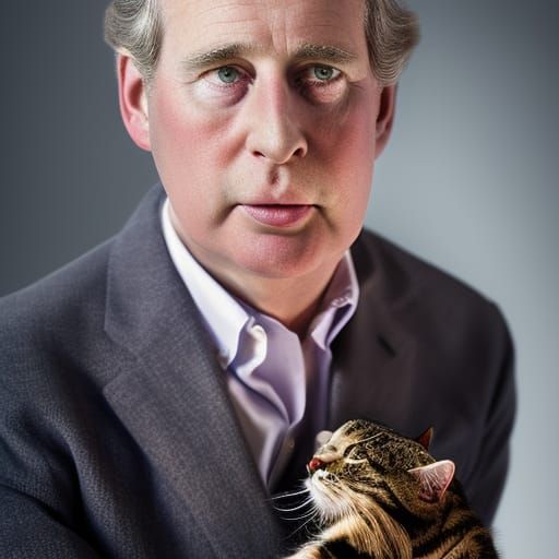 King Charles III of England with a cat on his knees - AI Generated ...