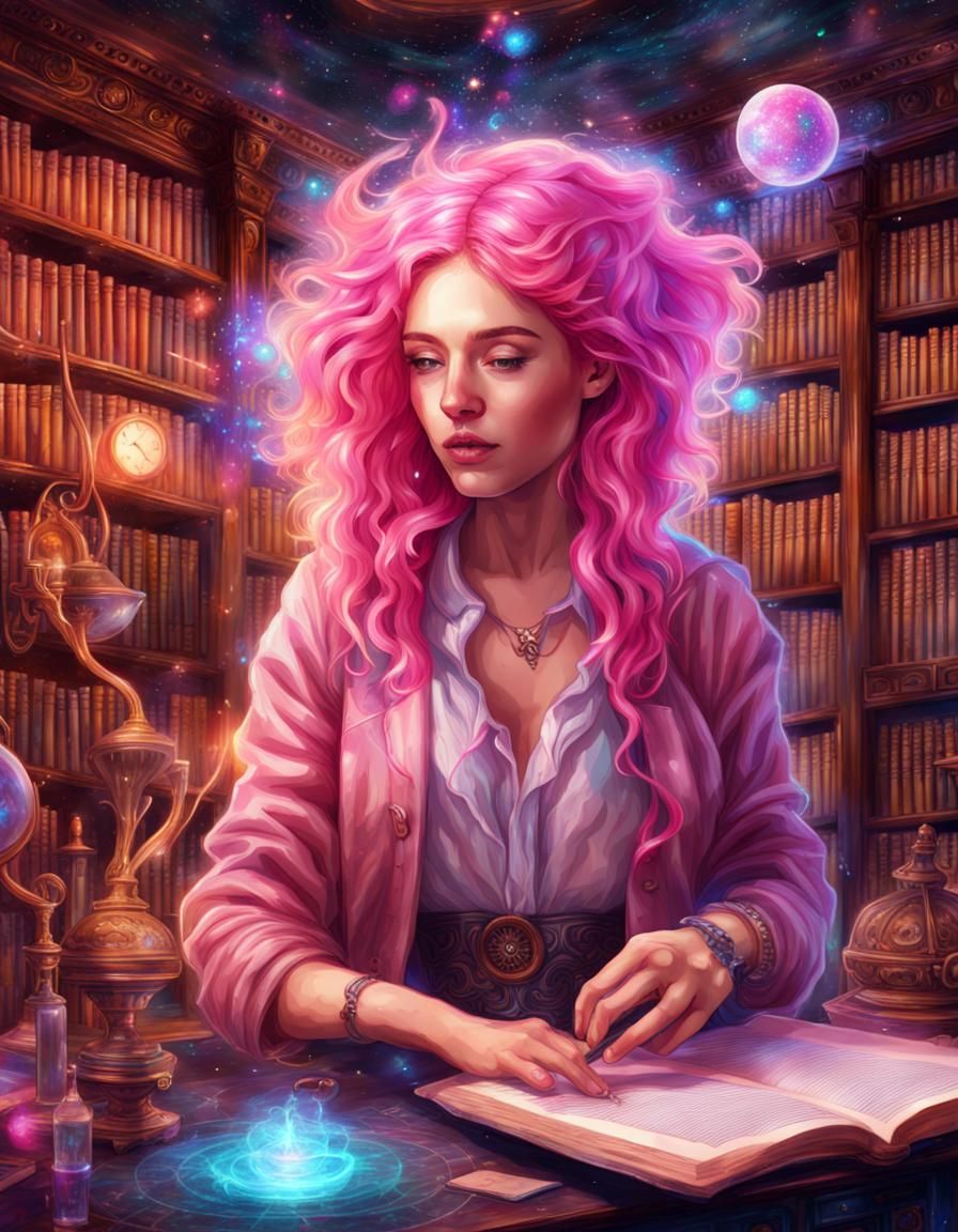 girl Pink haired alchemist Experimenting in the library of the palace ...