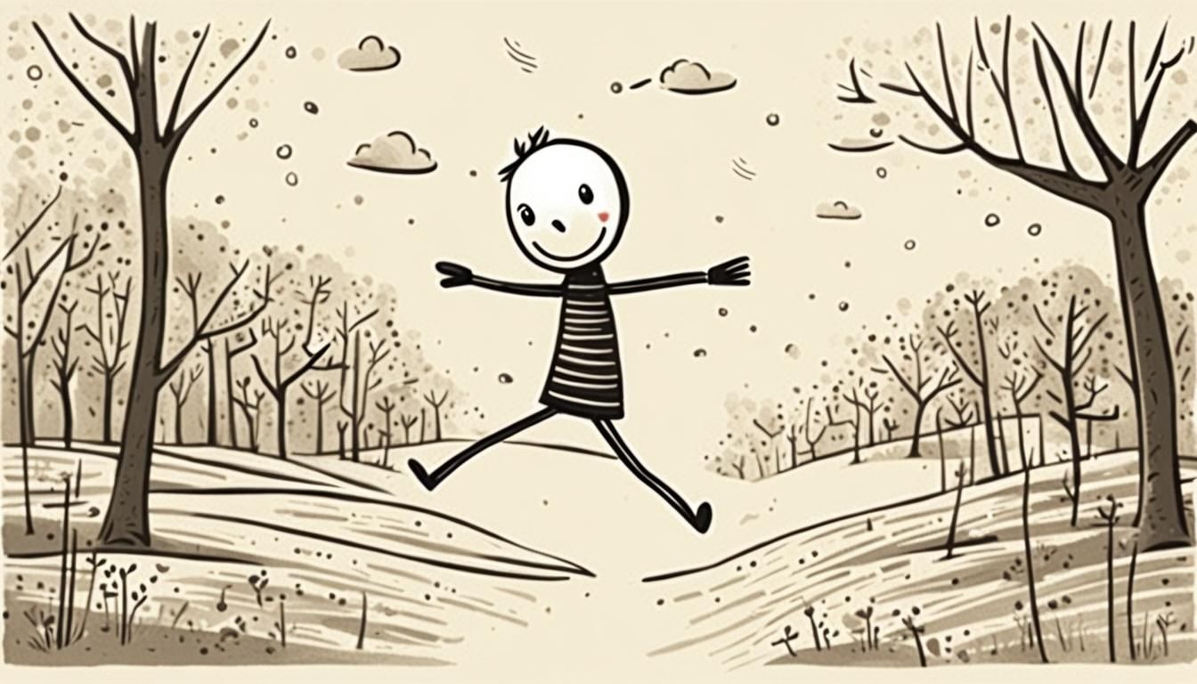 Whimsical, very cute, fun cartoon poster of a stick man leaping from ...
