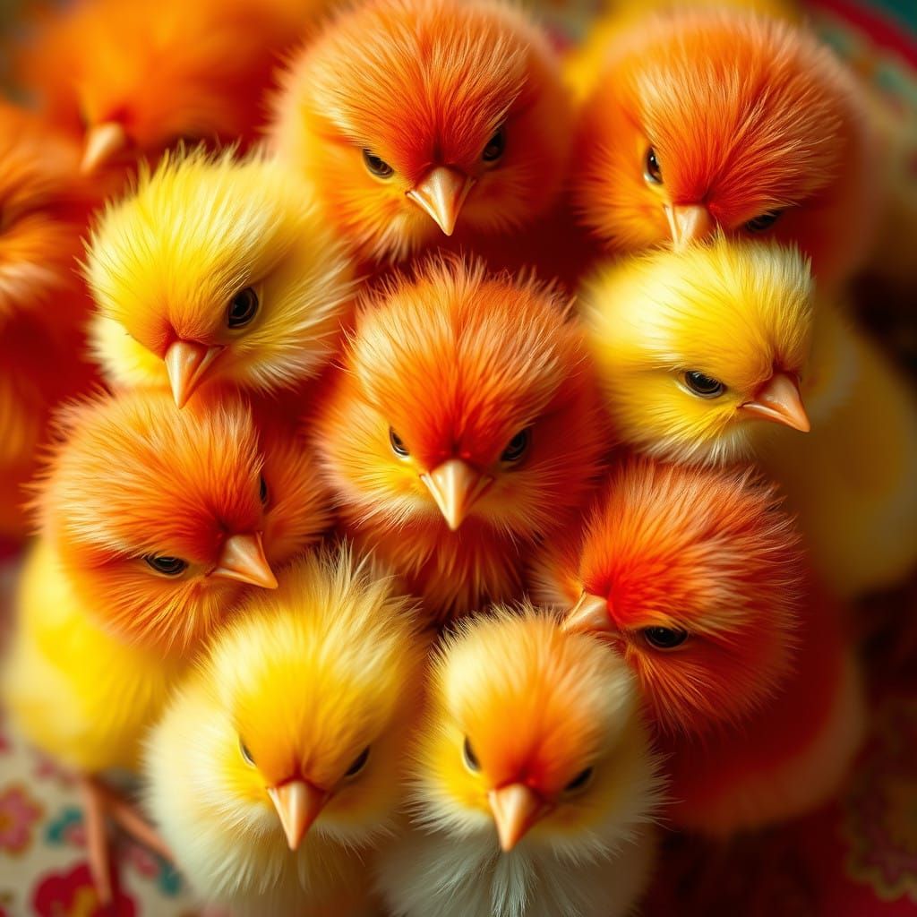Vibrant Cluster of Small Fluffy Chicks in Whimsica... - AI Art
