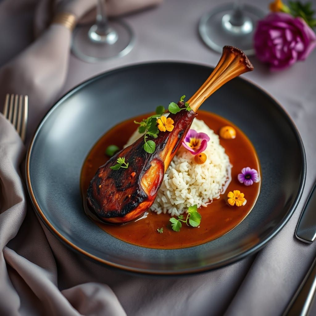Dodo leg confit on rice in Mauritian curry