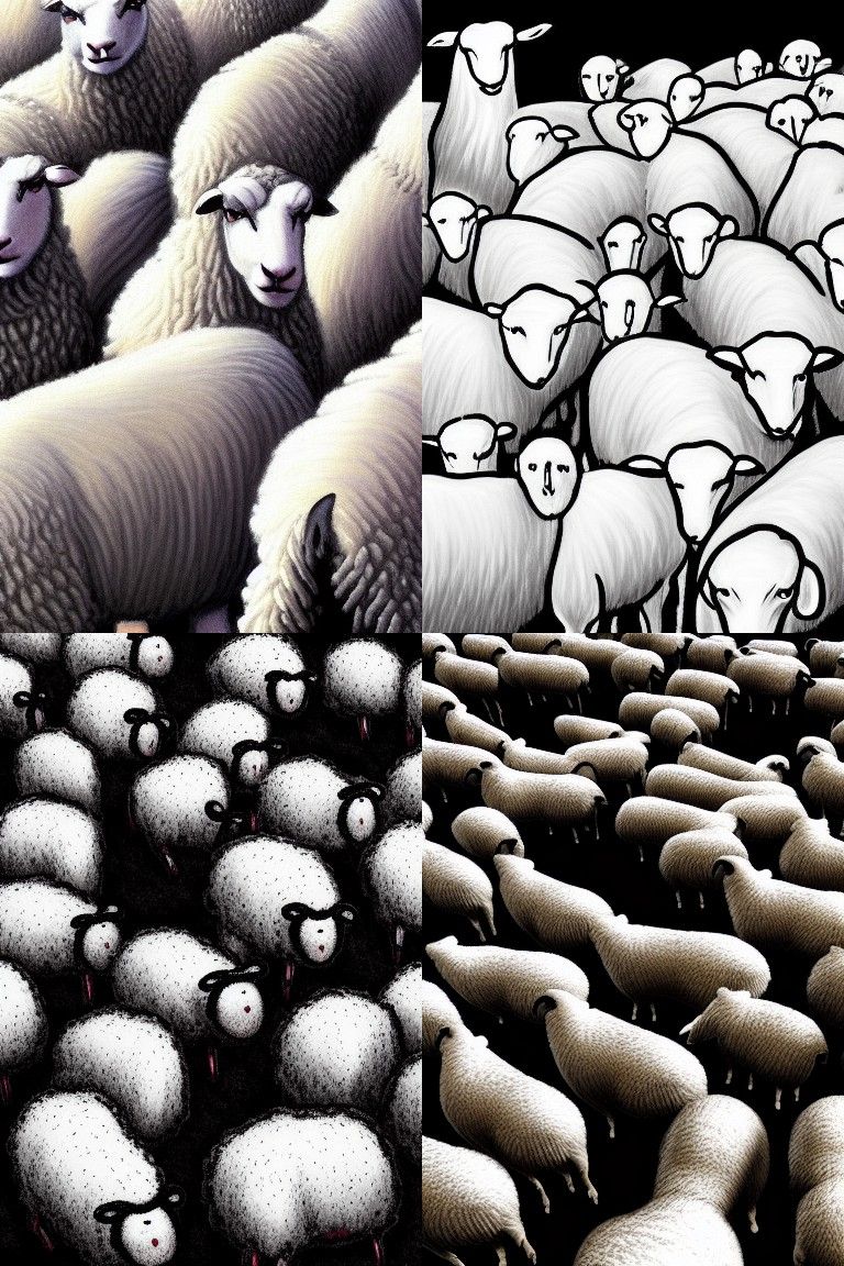 Black sheep in a herd of white sheep art Brut hyperrealism 8K ...