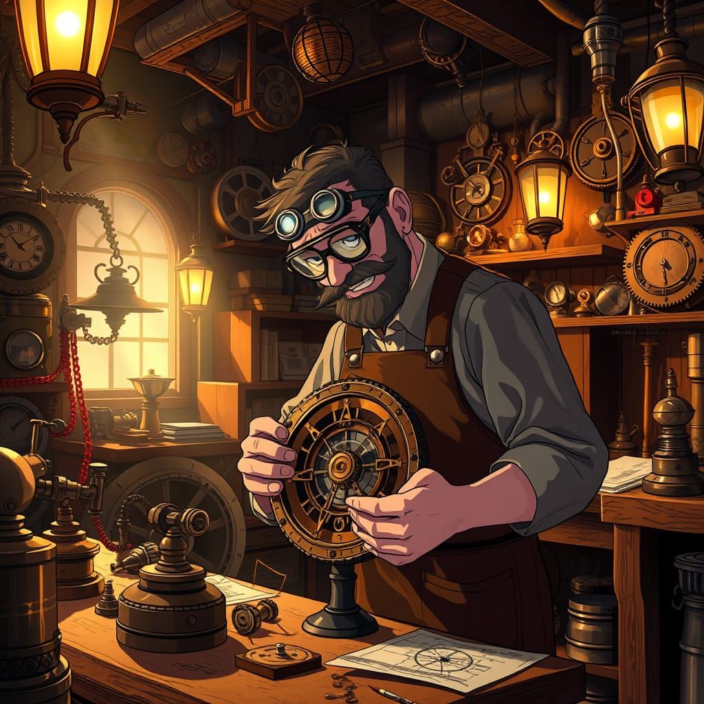 Steampunk Inventor Crafts Timepiece in Whimsical W... - AI Art