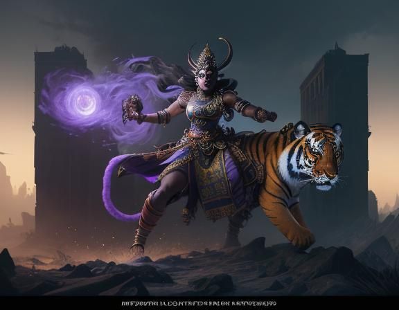 Indian Goddess Kali, fighting with the Tiger Cinematic film still, shot ...