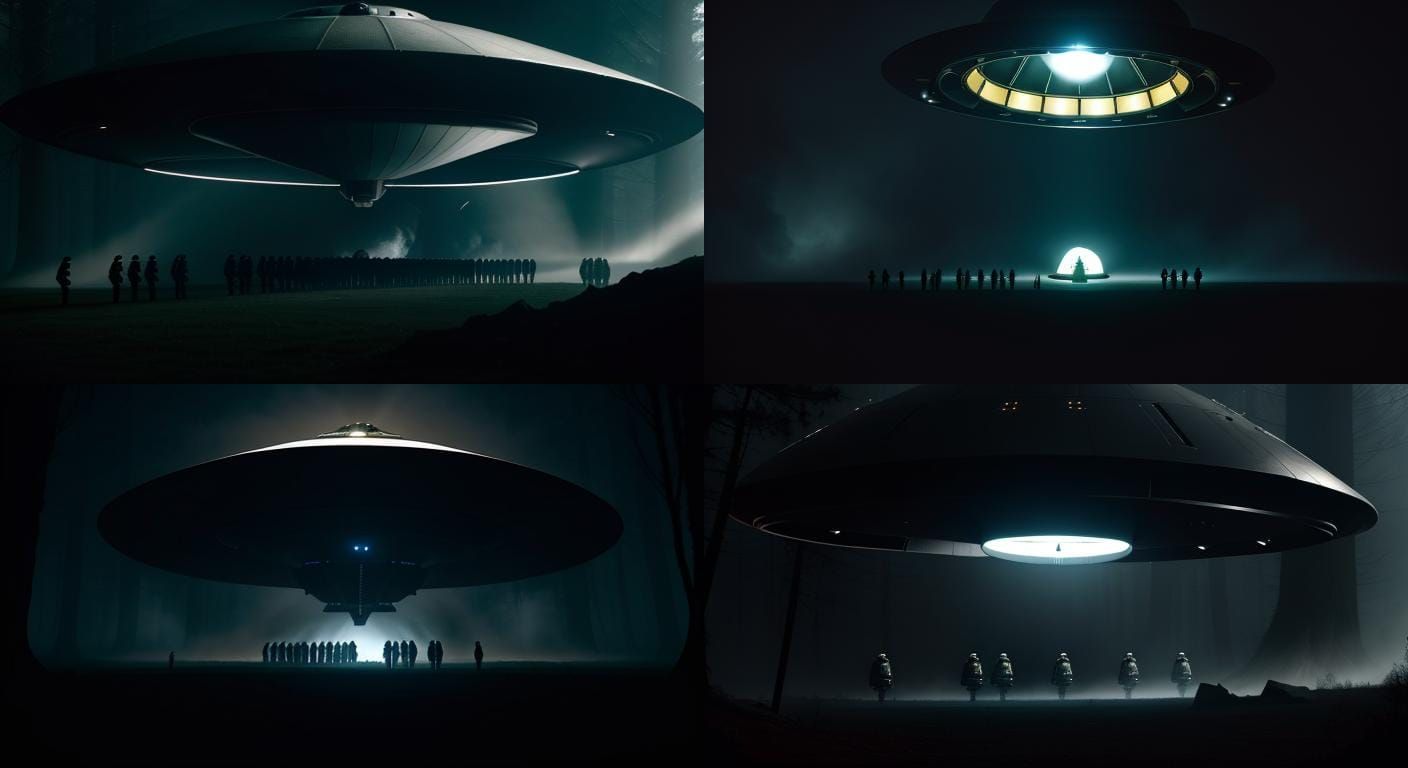 a group of men standing in front of a flying saucer, inside future ...