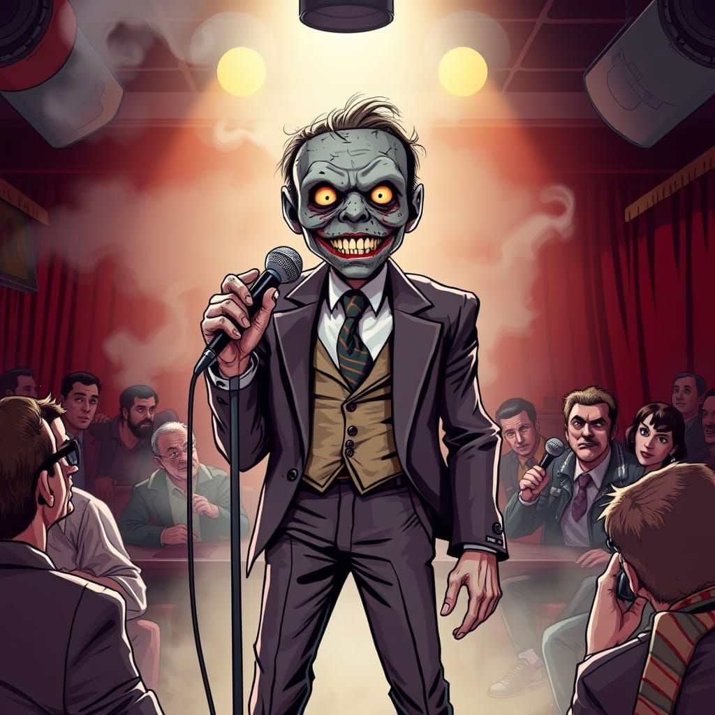 Mischievous Comedian in Zombie Mask, Frank Quitely... - AI Art