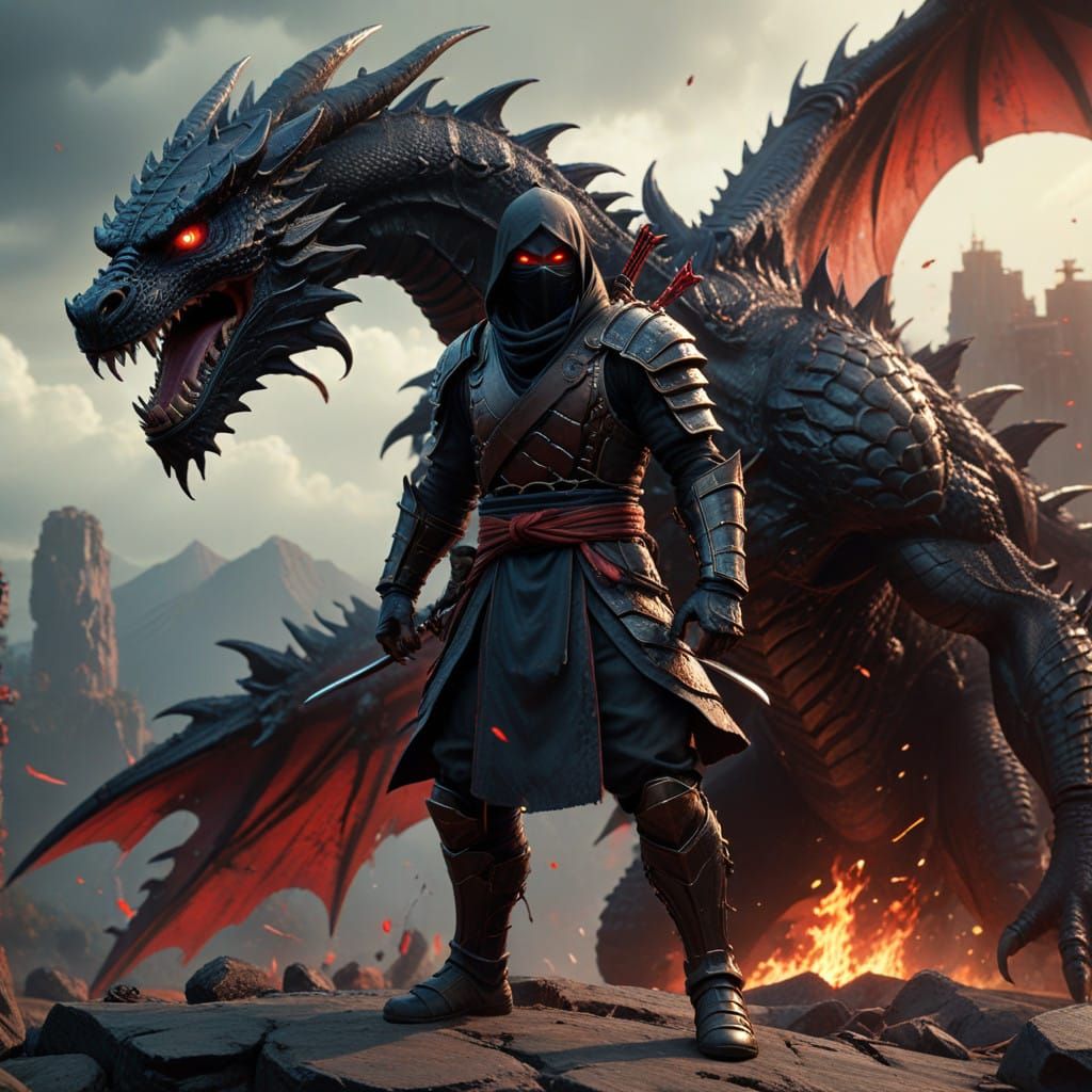 Masked shinobi ninja And his Pet Dragon