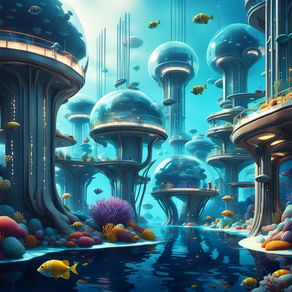A futuristic underwater city with sleek, bubble-like structures ...