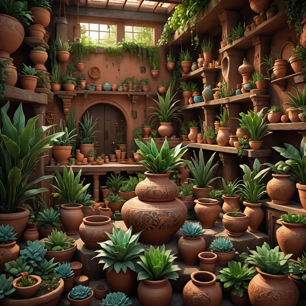 Adobe pottery studio with magical plants and sparkly terra cotta ...