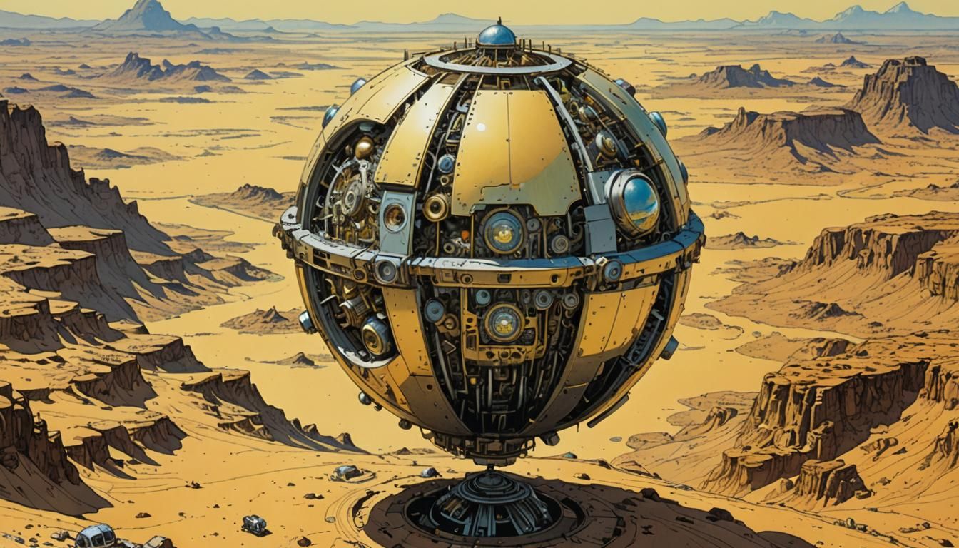a mechanical sphere floating over a Golden and silver desert, 1970's ...