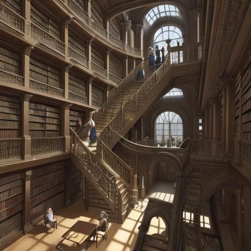 an Escher-style library with shelving going off in many different ...