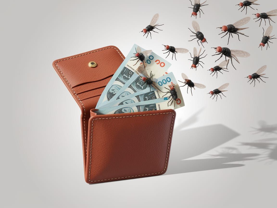 Flies Devour Banknotes from Open Leather Wallet - AI Art