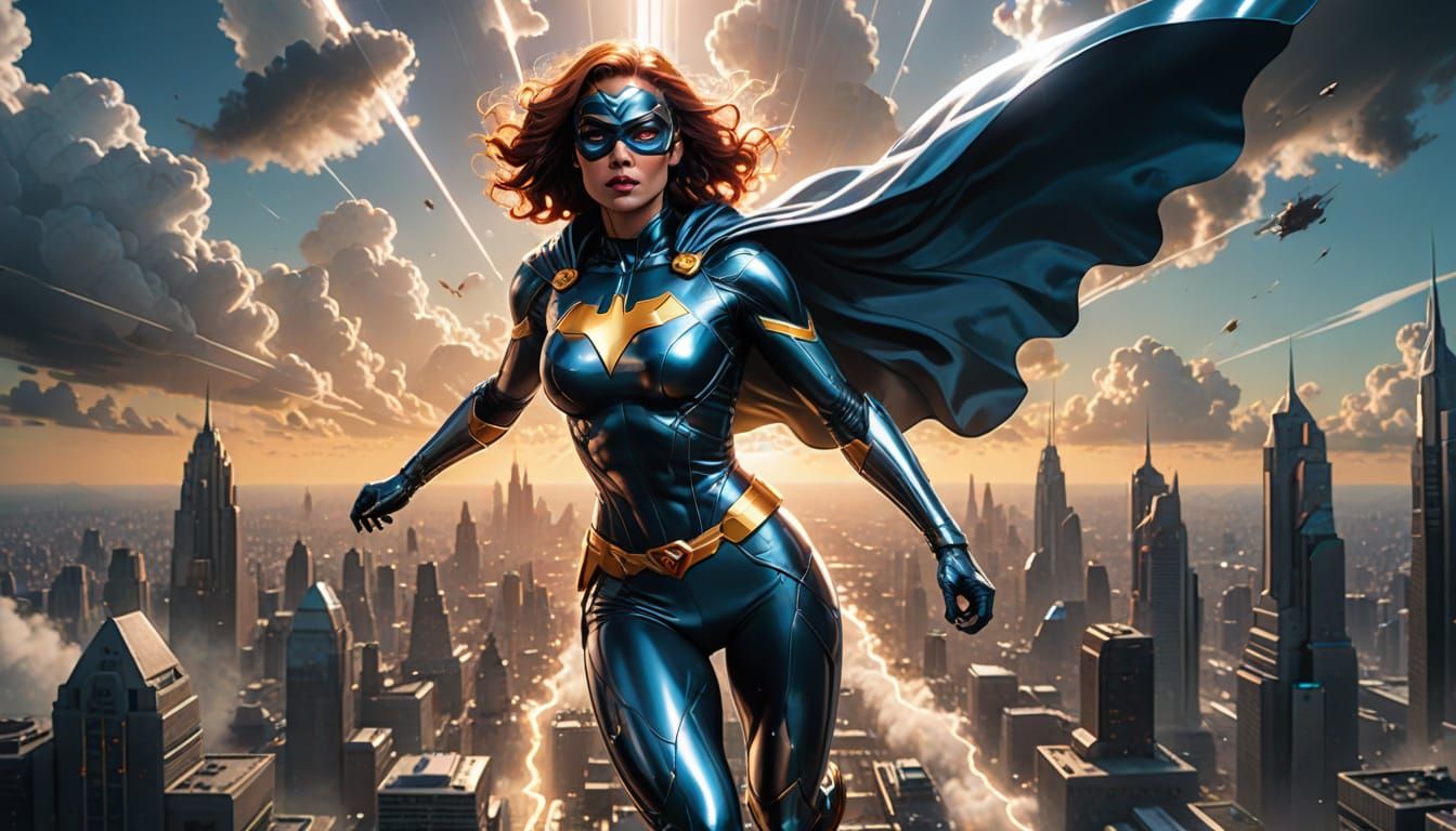 Chrome Superheroine Soaring Over Metropolis in Sci... - AI Art
